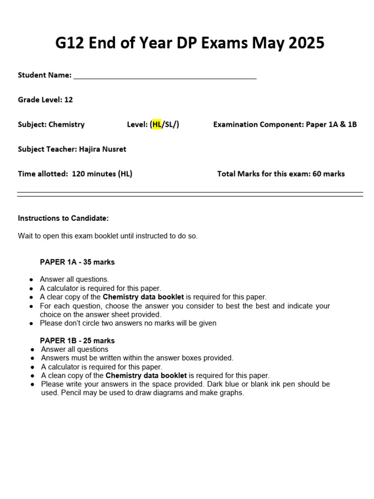 G12 Chemistry DP Exam May 2025 | PDF | Chemistry | Metals