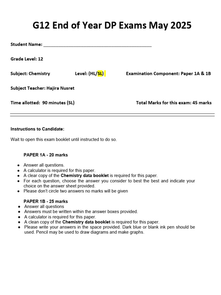 G12 Chemistry DP Exam May 2025 | PDF | Sodium Hydroxide | Chemical Bond