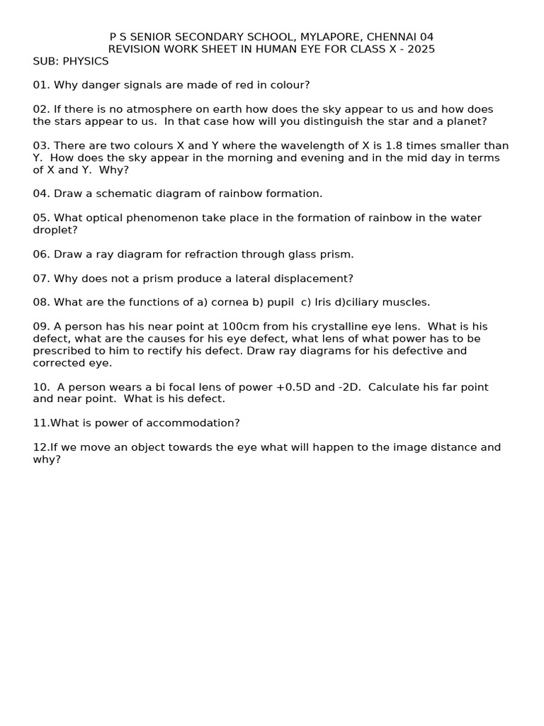 Human Eye - Revision Worksheet | PDF