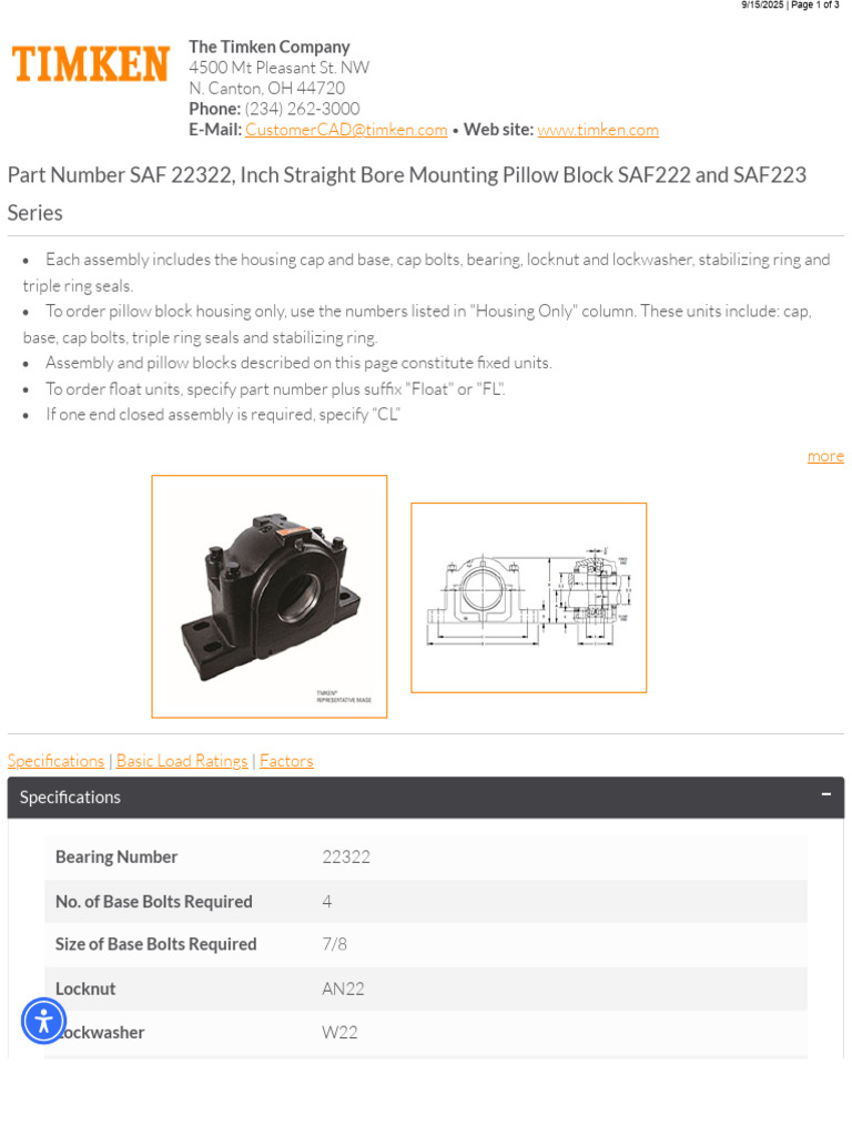 Part Number SAF 22322, Inch Straight Bore Mounting Pillow Block SAF222 ...