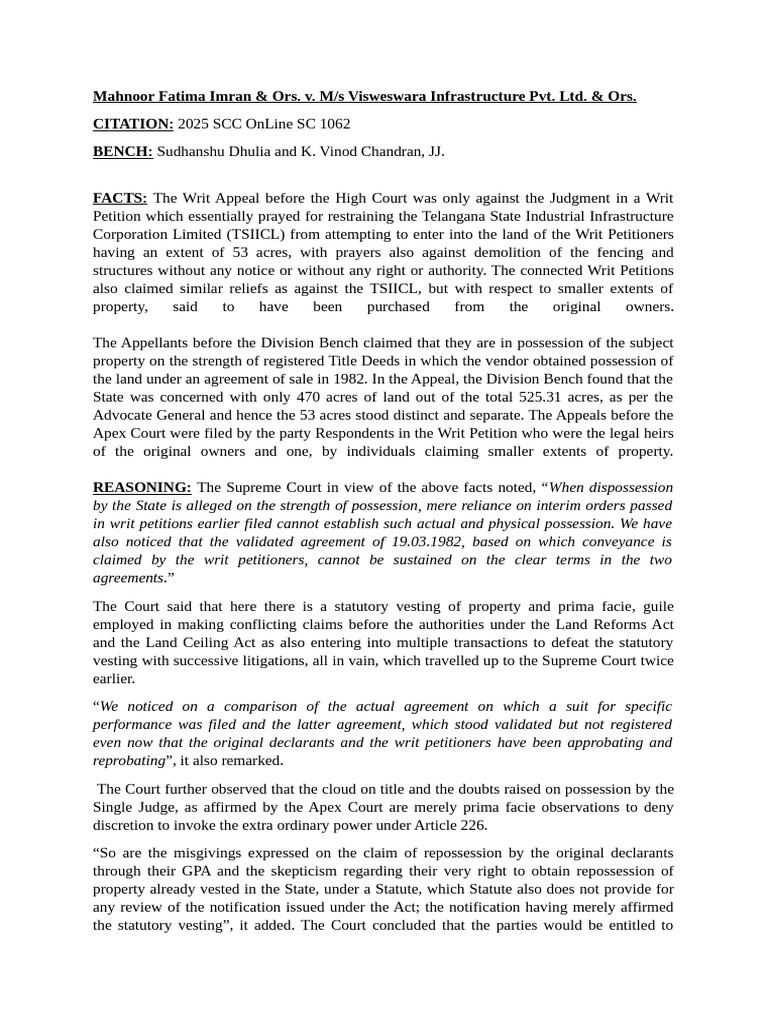 Mahnoor Fatima Imran V. Visweswara Infrastructure | PDF | Appeal | Lawsuit