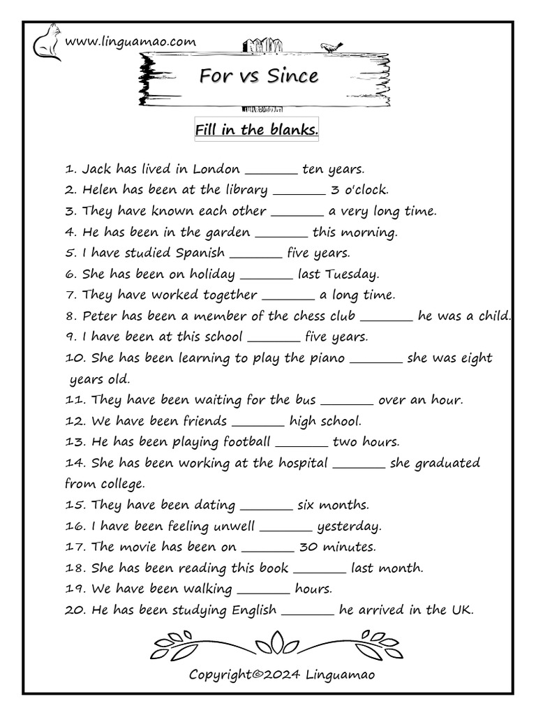For vs Since Fill in the Blanks - Blank | PDF