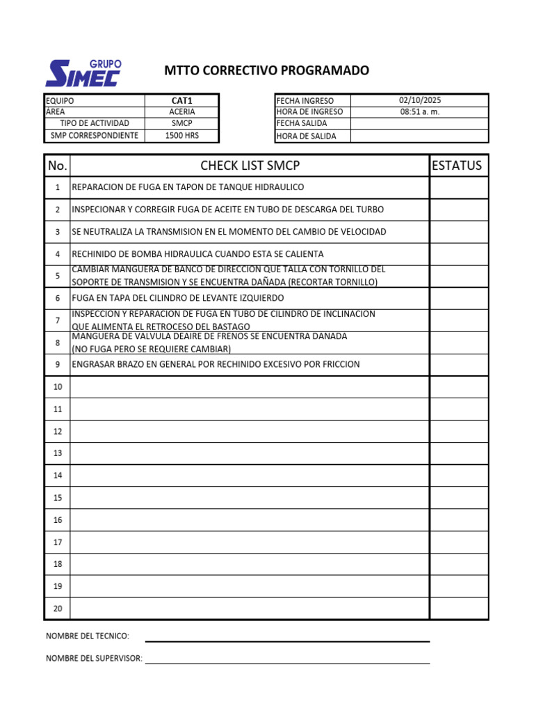 CAT-1 - CHEK´s LIST SMCP Y SMP 02-10-2025 1500 HRS | PDF