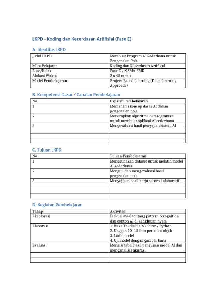 LKPD KKA Fase E Deep Learning Tabel | PDF