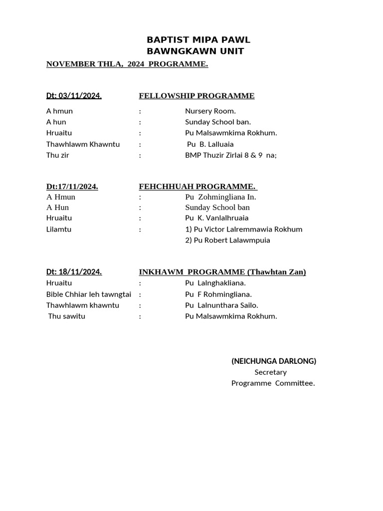 Bmp November Thla Programme 2024 | PDF