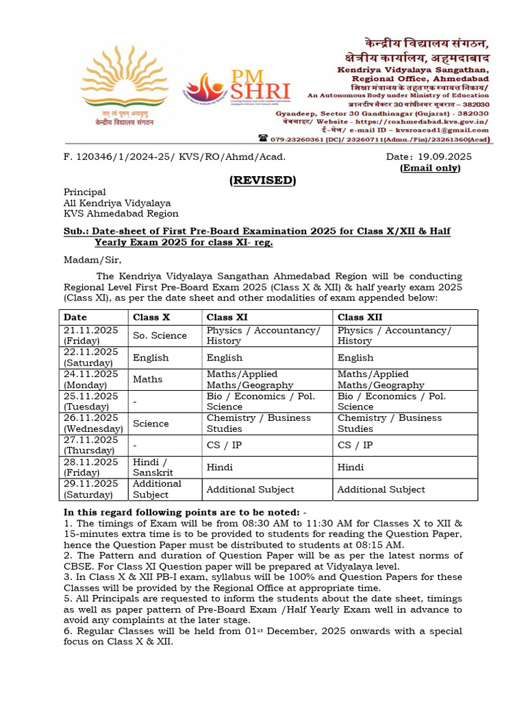 Revised - Date Sheet of First Pre-Board Examination For Class X, XII ...