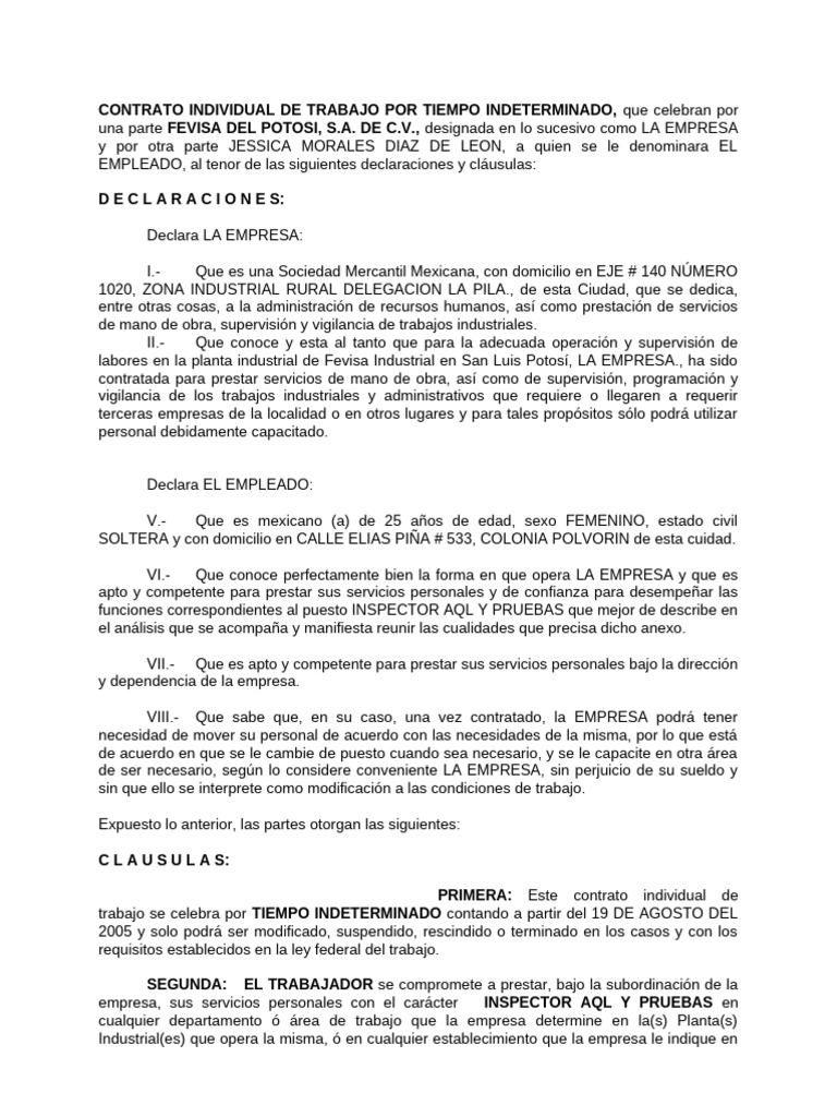 Contrato Tiempo Indeterminado Fca Normartividad y Practicas de Personal ...