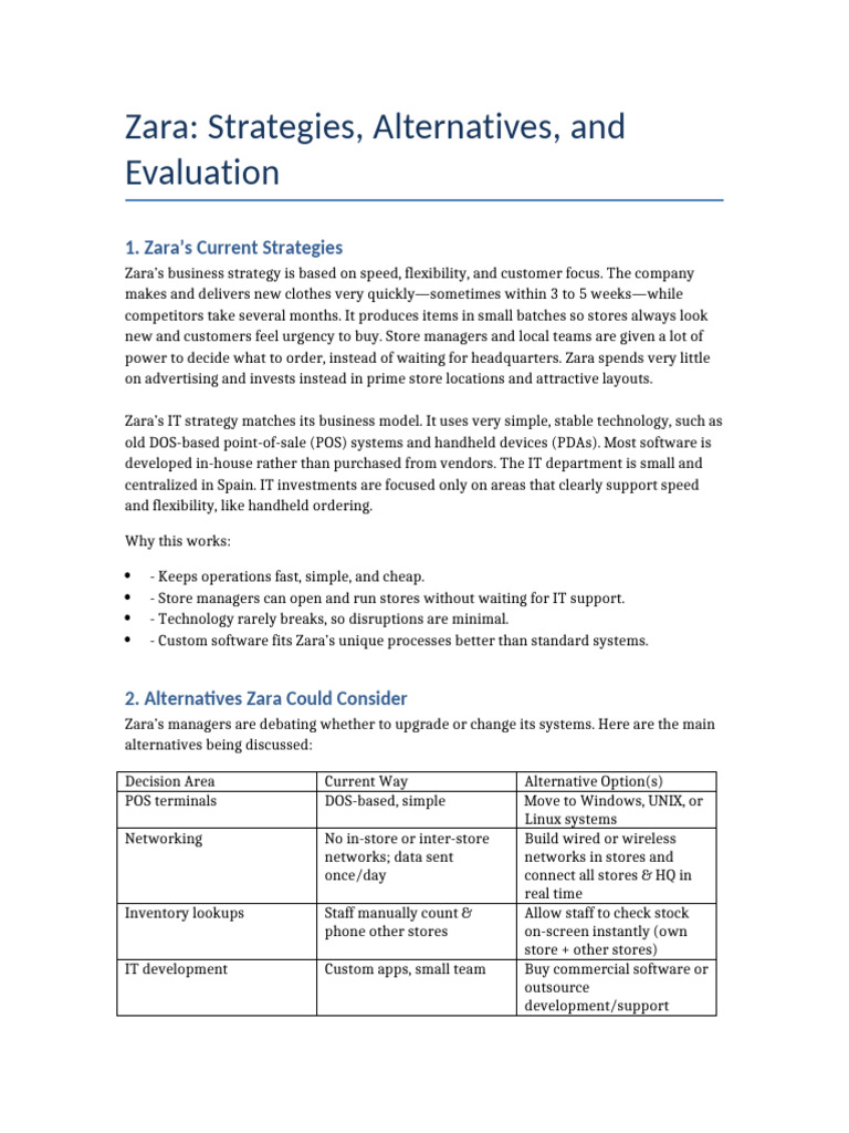 Zara Strategies Alternatives Evaluation | PDF | Point Of Sale | Computing