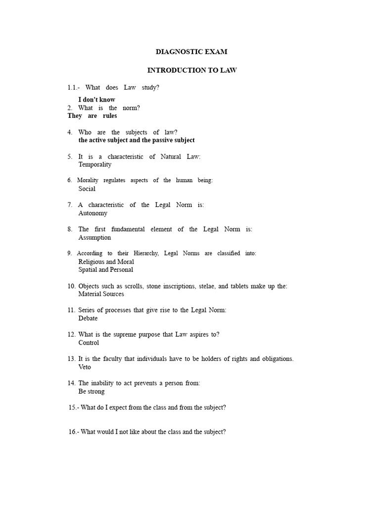 Diagnostic Examination of Introduction To Law | PDF