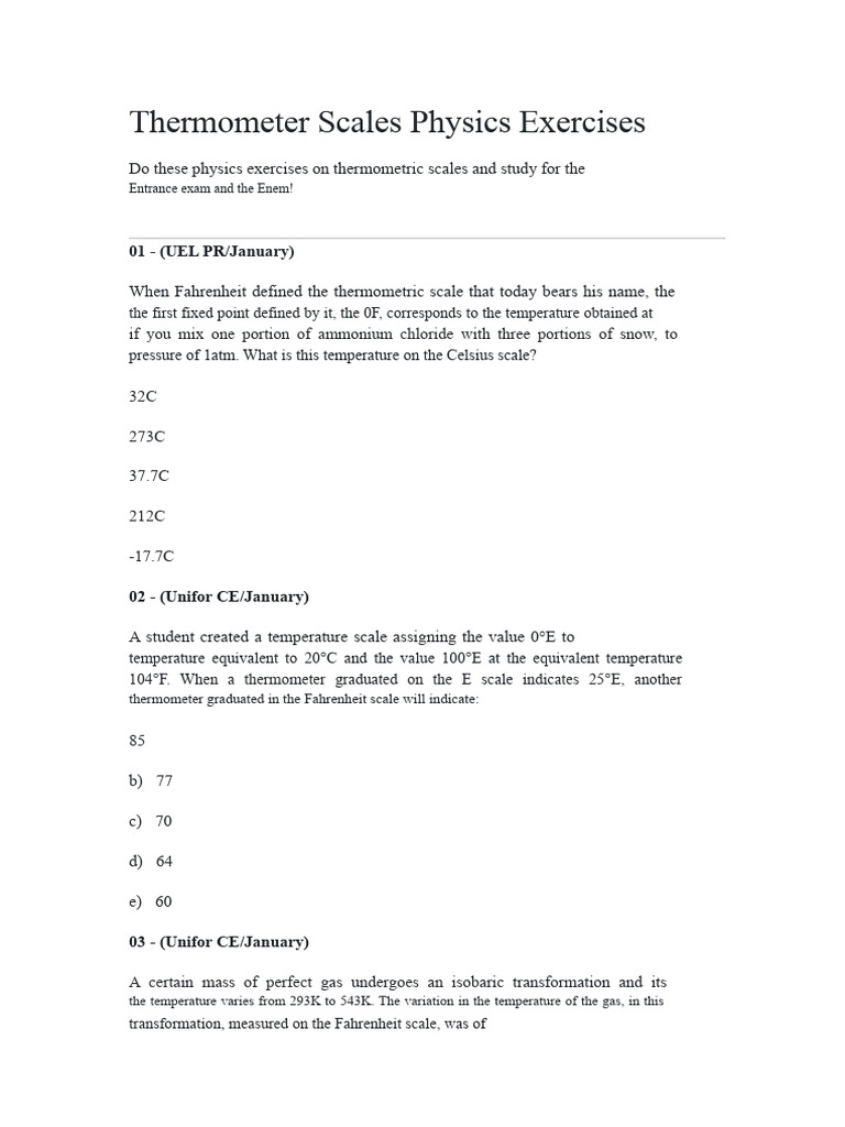 Exercises on Thermometric Scales and Heat Exchange | PDF | Temperature ...