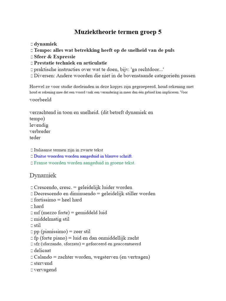 Muziektheorie Termen Voor Groep 5 | PDF