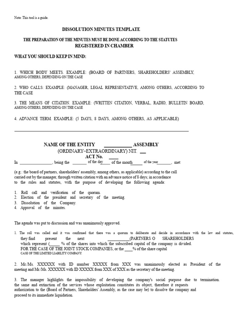Dissolution Minutes Template Guide | PDF | Private Law | Justice