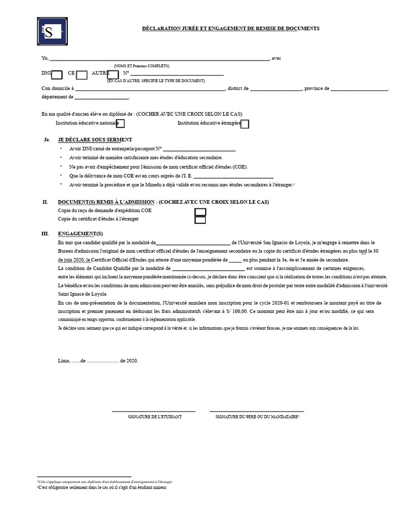 Déclaration jurée pour admission universitaire | PDF