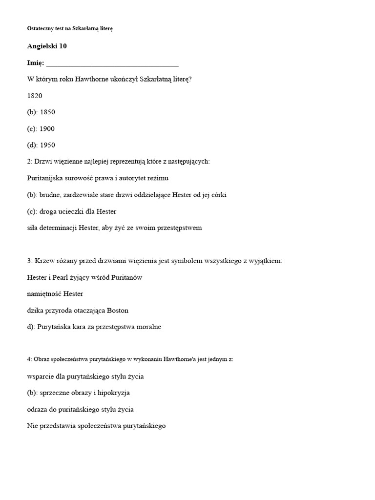 Ostateczny Test Na Temat Szkarłatnej Litery | PDF