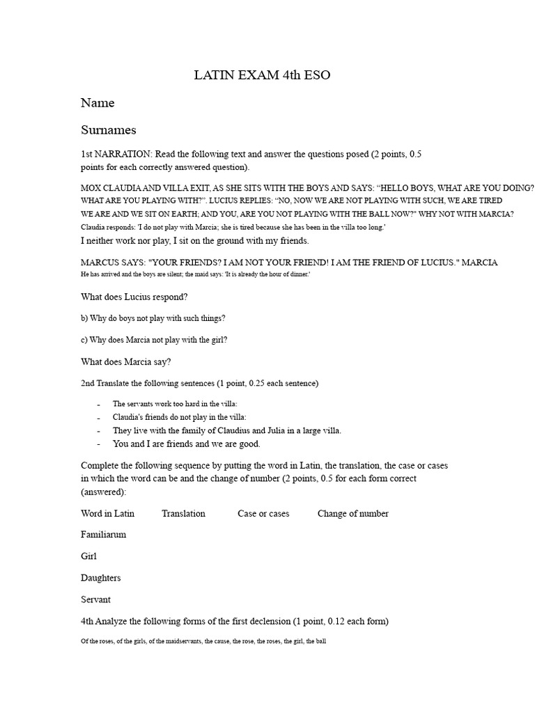 Latin Exam 4th Year of Secondary Education | PDF | Linguistics ...