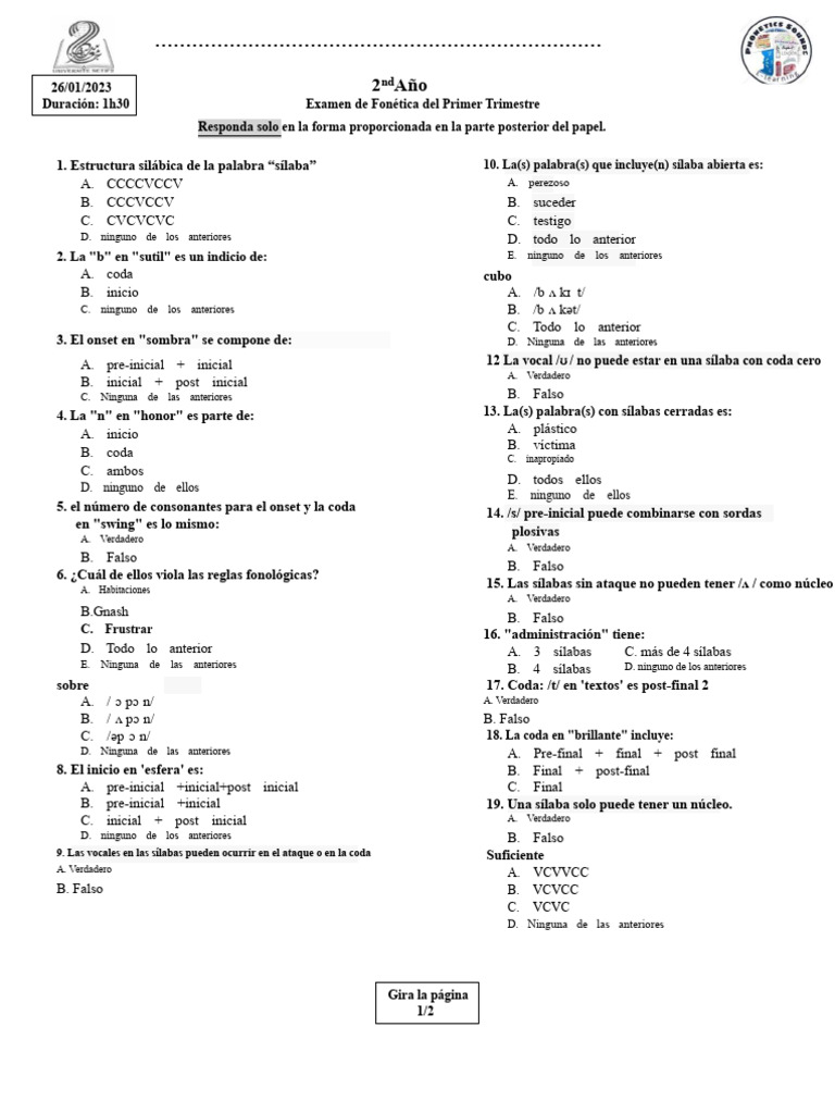 Examen de Fonética: Primer Trimestre | PDF | Sílaba | Palabra