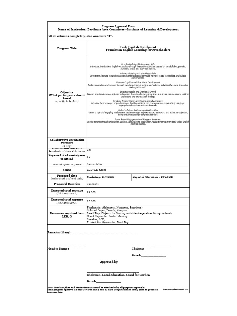 Program Approval Form For Early English Enrichment | PDF | Learning | English Language