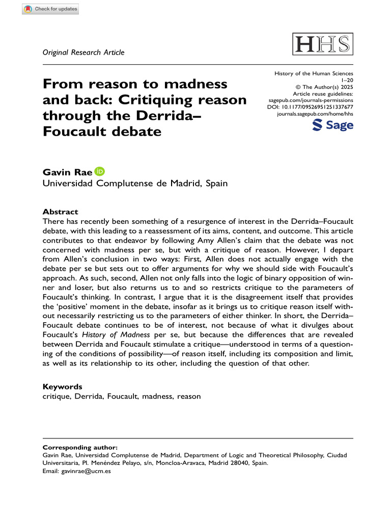 Rae-Derrida Foucault Debate | PDF | Reason | Jacques Derrida