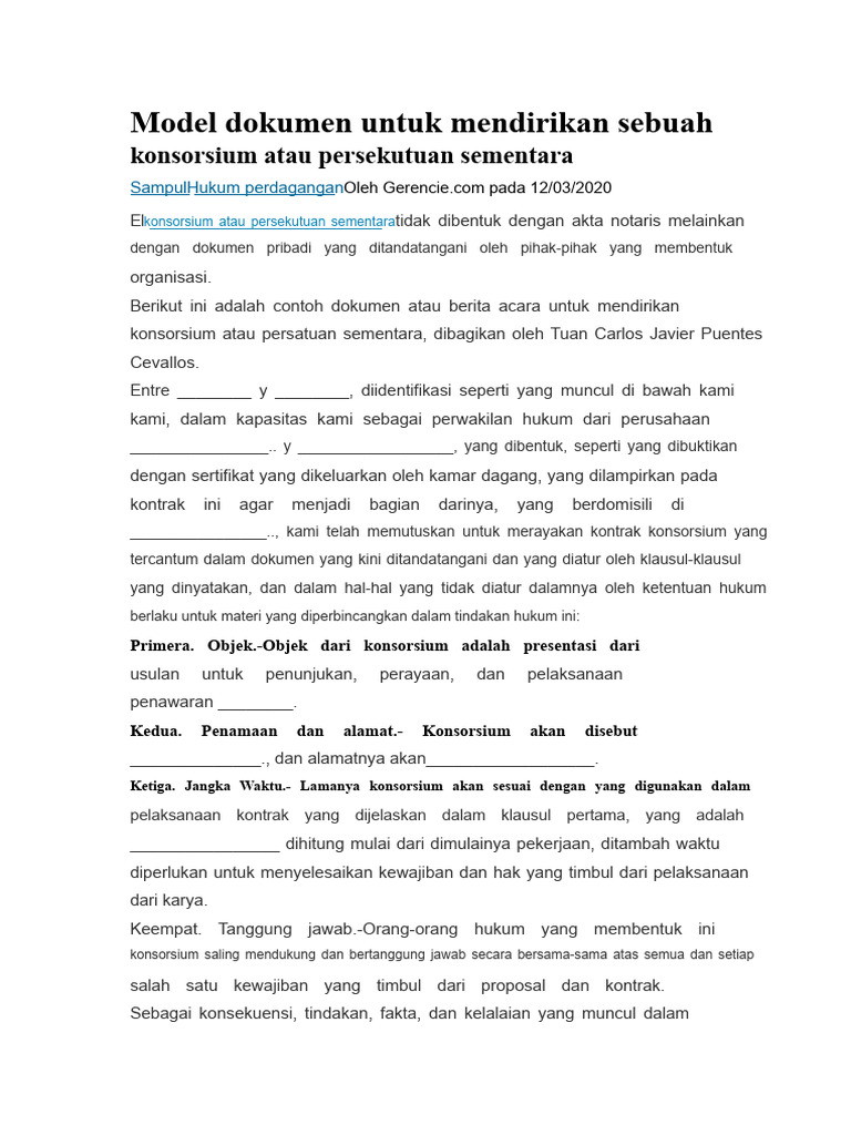 Model Surat Untuk Mendirikan Konsorsium Atau Persatuan Sementara | PDF