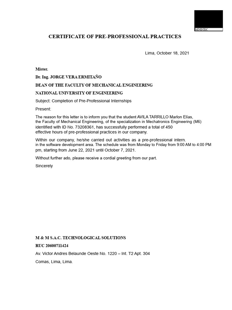 Certificate of Pre-Professional Internships | PDF