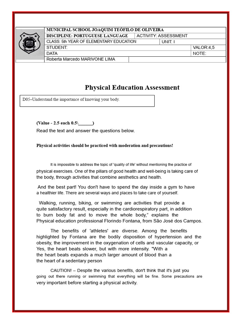 Physical Education Assessment for 5th Year | PDF | Medical Specialties