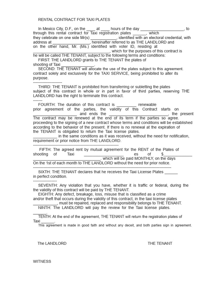 Taxi Plate Rental Agreement | PDF | Lease | Landlord