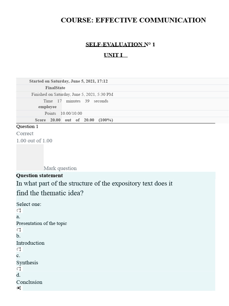 Self-Evaluation N-1-Unit I - Effective Communication | PDF | Computer Hardware | Input/Output