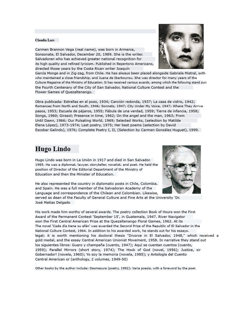 Biographies of 10 Salvadoran Writers | PDF | El Salvador