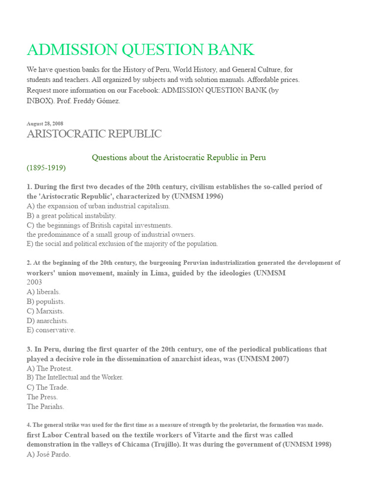 Admission Question Bank - Aristocratic Republic | PDF