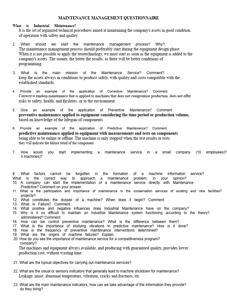 Maintenance Management Questionnaire | PDF | Safety