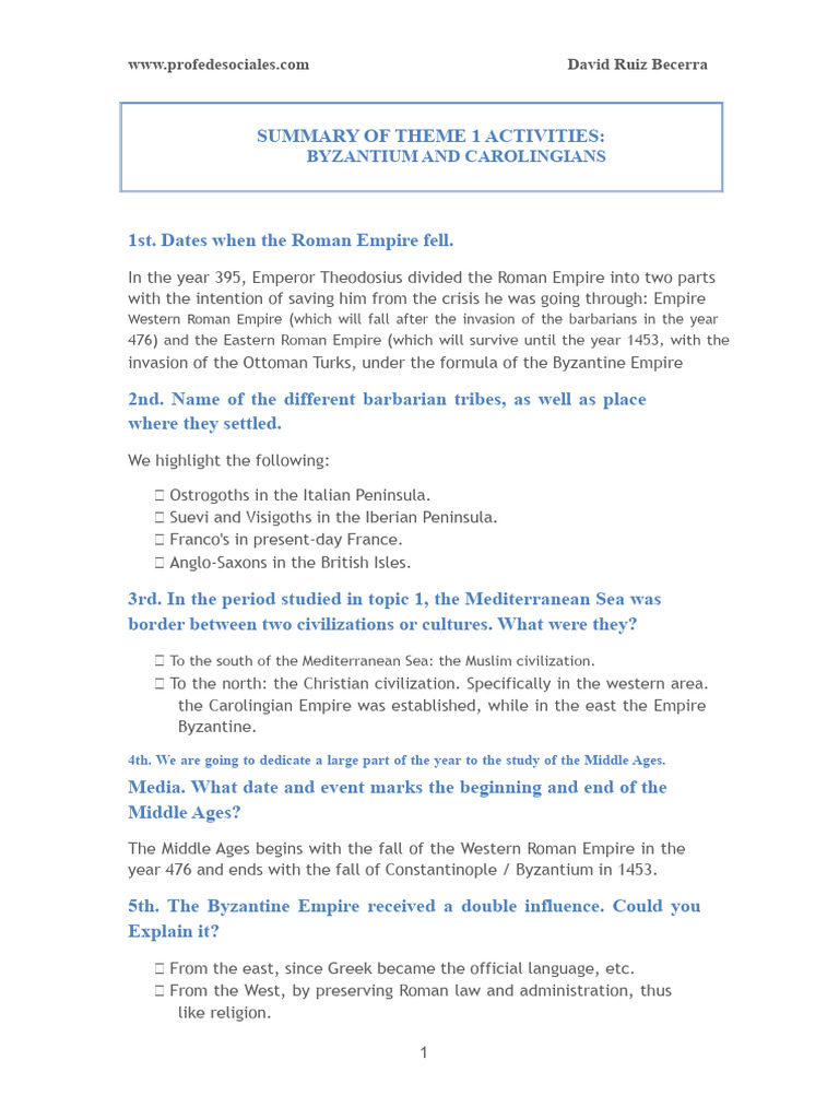Activities Summary Topic 1 2nd Year of ESO | PDF | Byzantine Empire ...