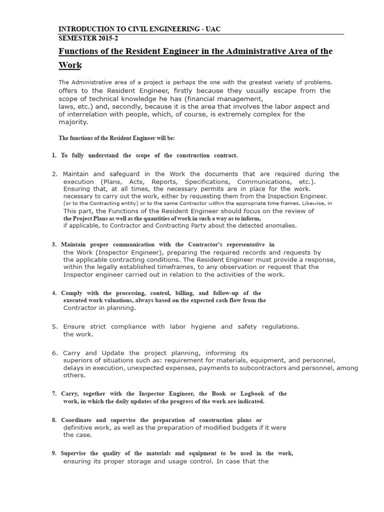 Functions of The Resident Engineer in The Administrative Area of The ...