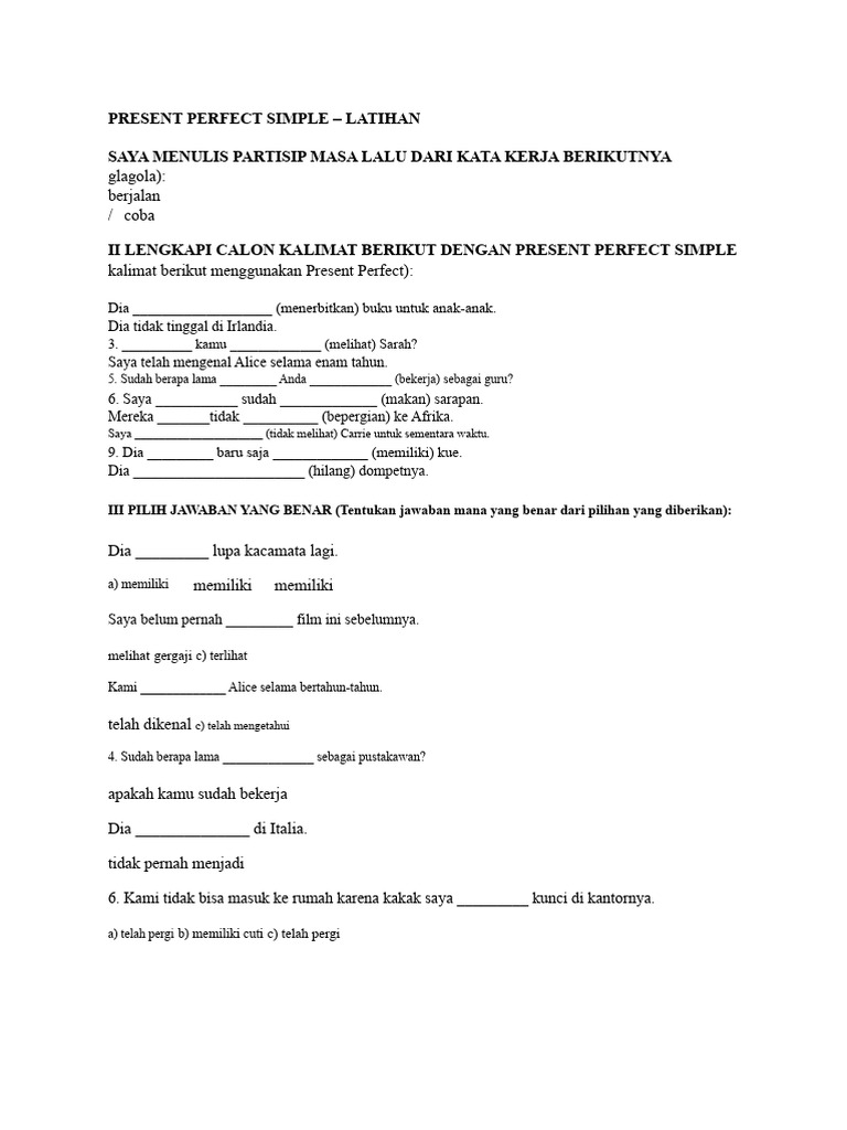 Present Perfect Simple Dan Past Simple - Latihan | PDF