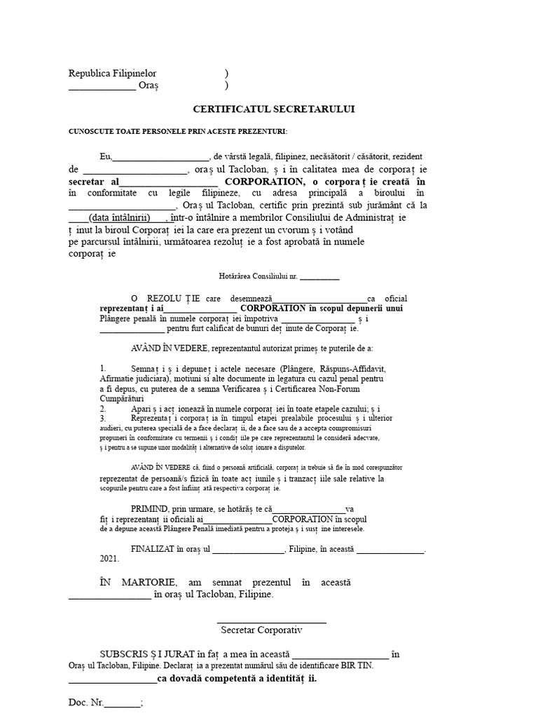Certificat de Secretar Pentru Dosar - Exemplu | PDF