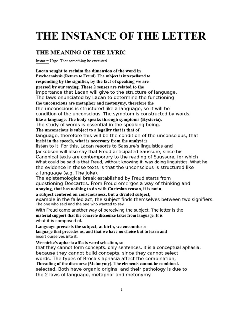 1) The Instance of The Letter - Lacan Summary | PDF | Jacques Lacan ...