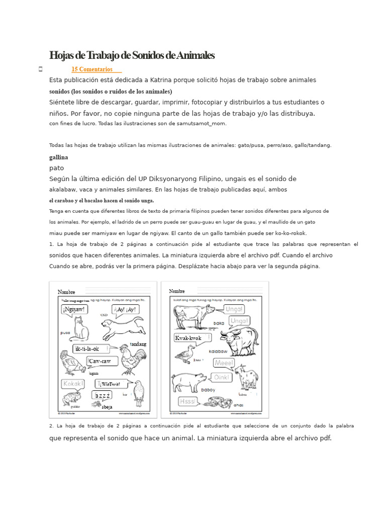 Hojas de Trabajo sobre Sonidos de Animales | PDF