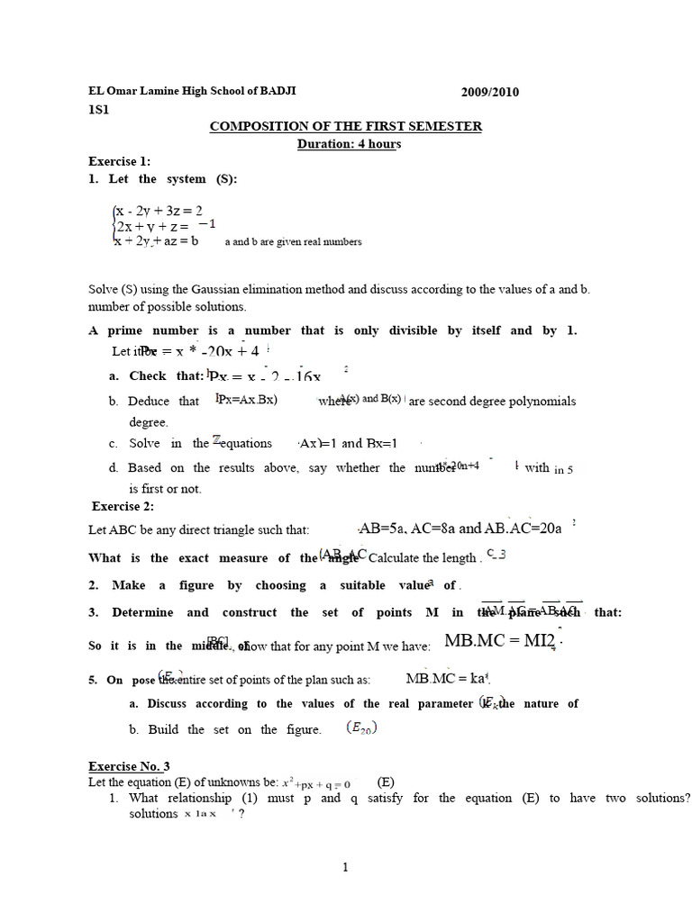 Maths Exam of The 1st Semester 1S1 | PDF | Equations | Triangle