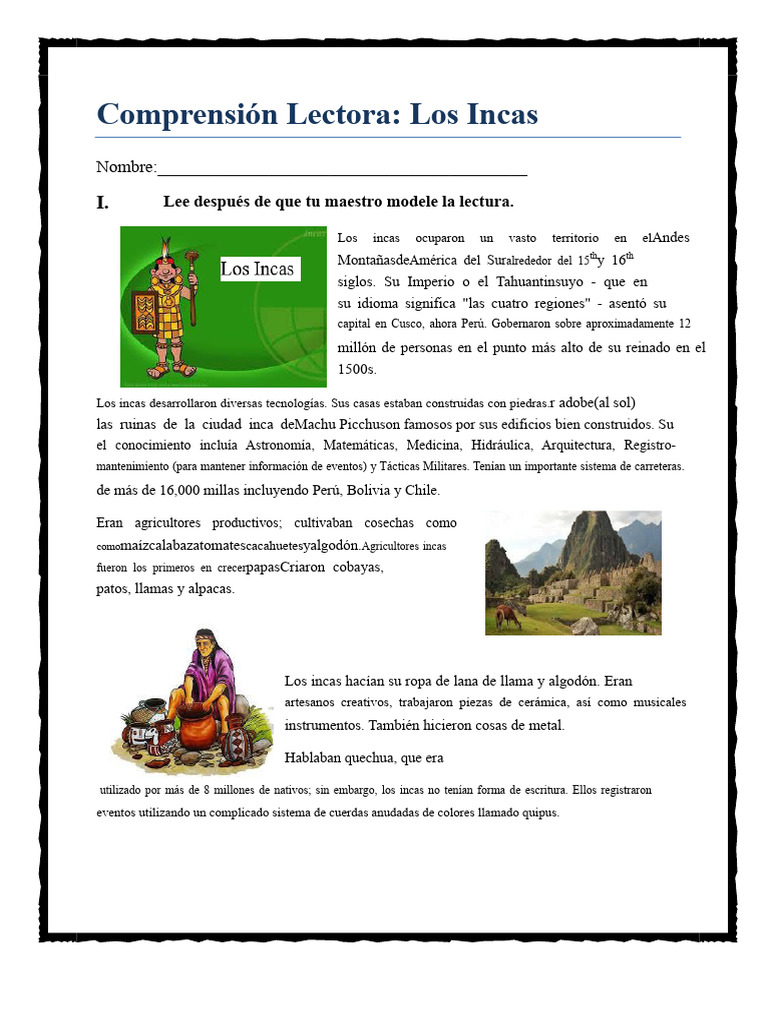 6 de Julio - Comprensión de Lectura Sobre Los Incas | PDF | Imperio ...