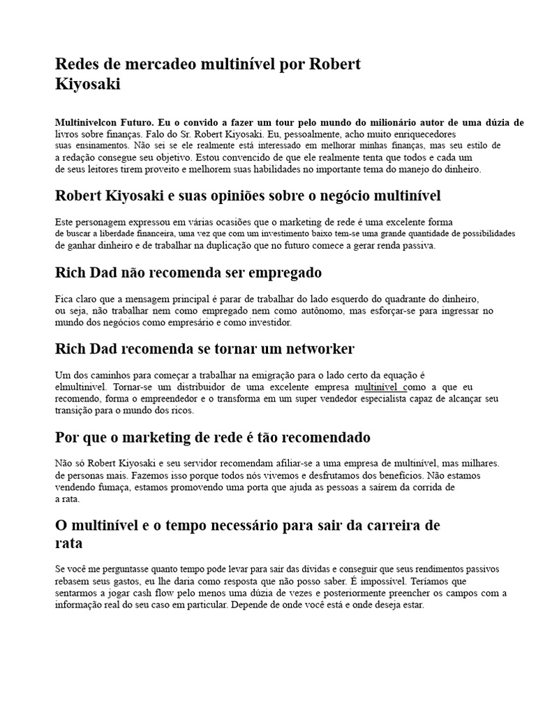 Redes de Marketing Multinível Por Robert Kiyosaki | PDF | Marketing multinível | Marketing