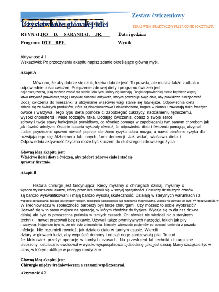 Zestaw Ćwiczeń UGE - Odnośnik Do Głównej Idei Rev1 | PDF