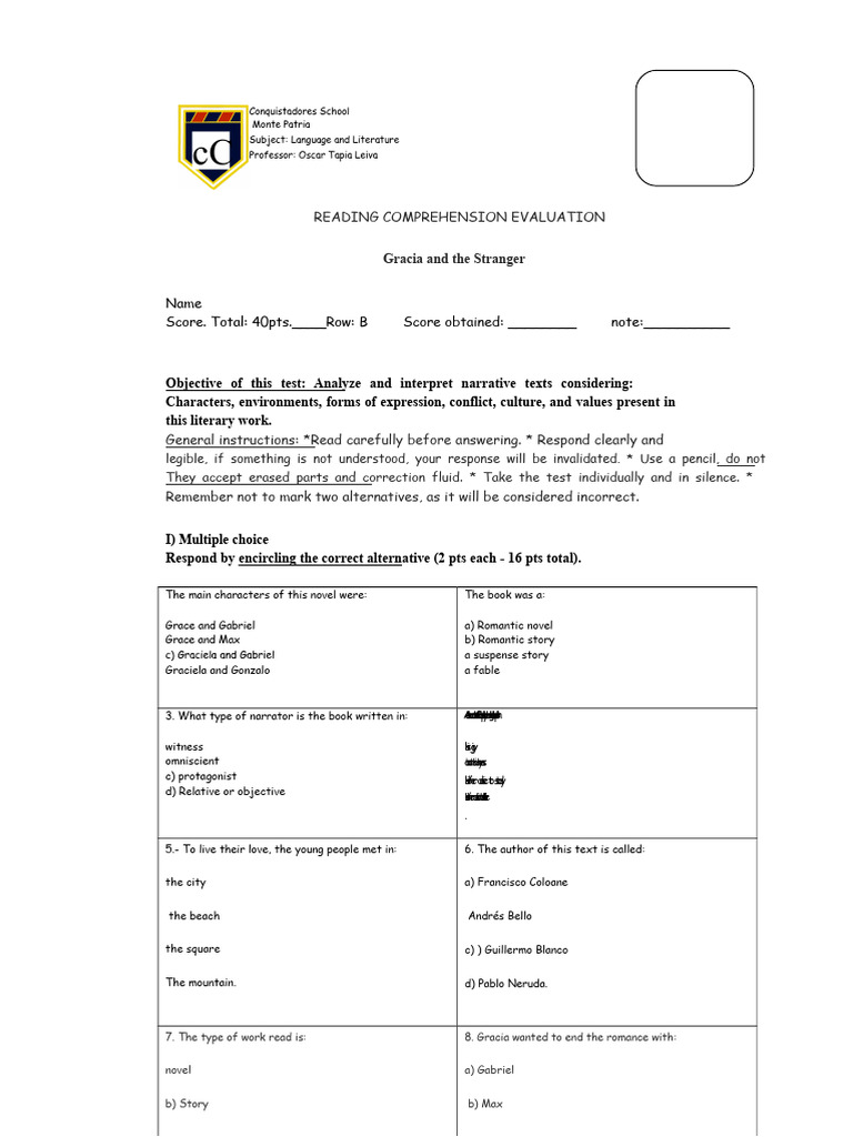 Reading Comprehension Test: Gracia & Stranger | PDF | Multiple Choice