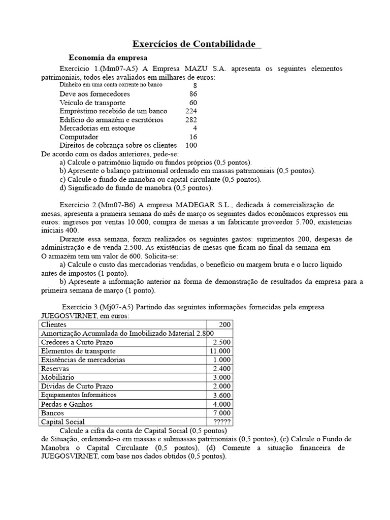 Exercícios Práticos de Contabilidade Empresarial | PDF | Balancete ...