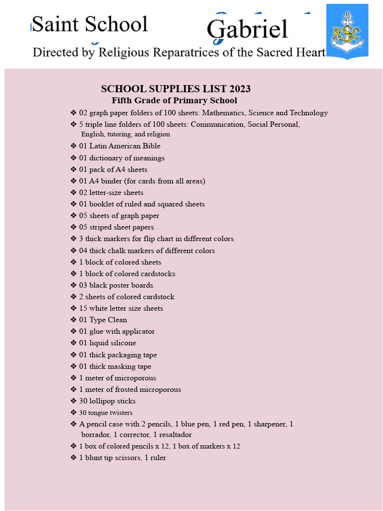 5th Grade Primary School Supplies List | PDF