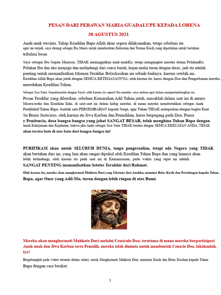 Pesan Dari Perawan Maria Guadalupe Kepada Lorena 21 Agustus DOA PENTING | PDF