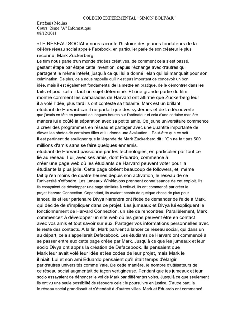 Résumé du film "Le Réseau Social" | PDF | Mark Zuckerberg | Facebook