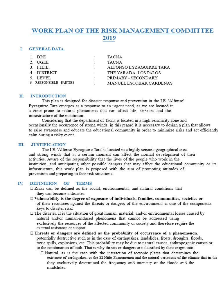 Work Plan of The Risk Management Committee 2019 | PDF | Nature ...