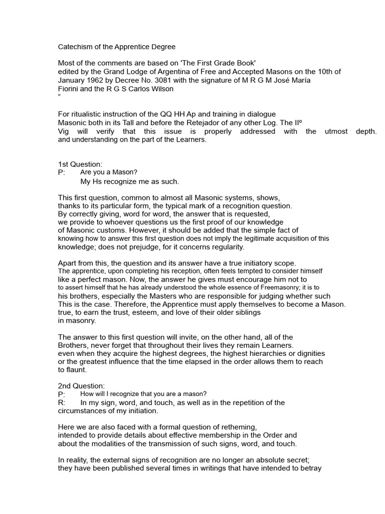 Catechism of The Apprentice Degree | PDF | Masonic Lodge | Freemasonry