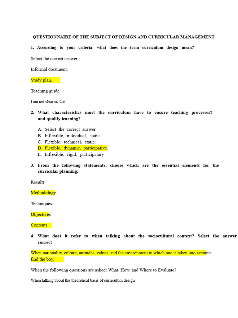 CURRICULAR DESIGN AND MANAGEMENT QUESTIONNAIRE FIRST PARTIAL | PDF ...