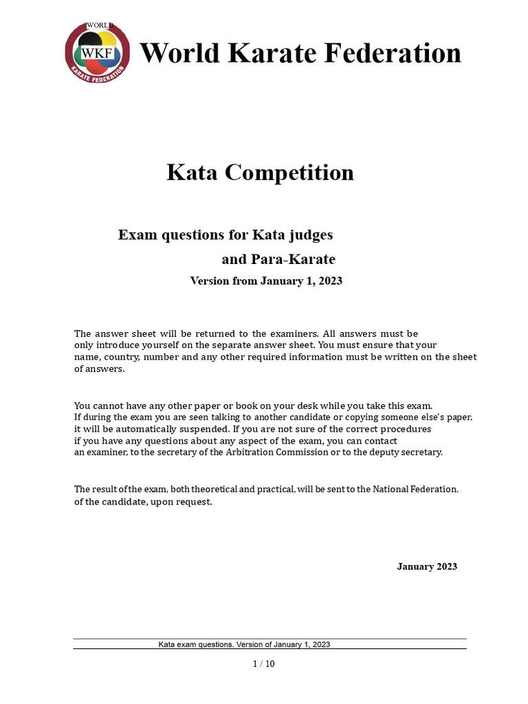 WKF Kata Exam Questions 2023 | PDF | Karate | Kata