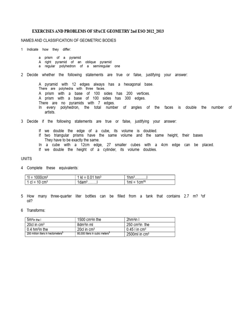 Spatial Geometry Exercises 2nd Year of Secondary Education 12 - 13 ...